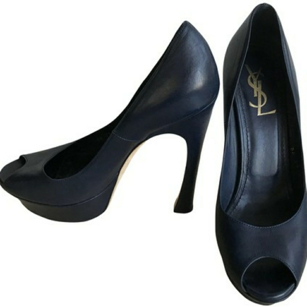 Ysl Saint Laurent Navy Peep Toe Pump Heel 36 - Gem